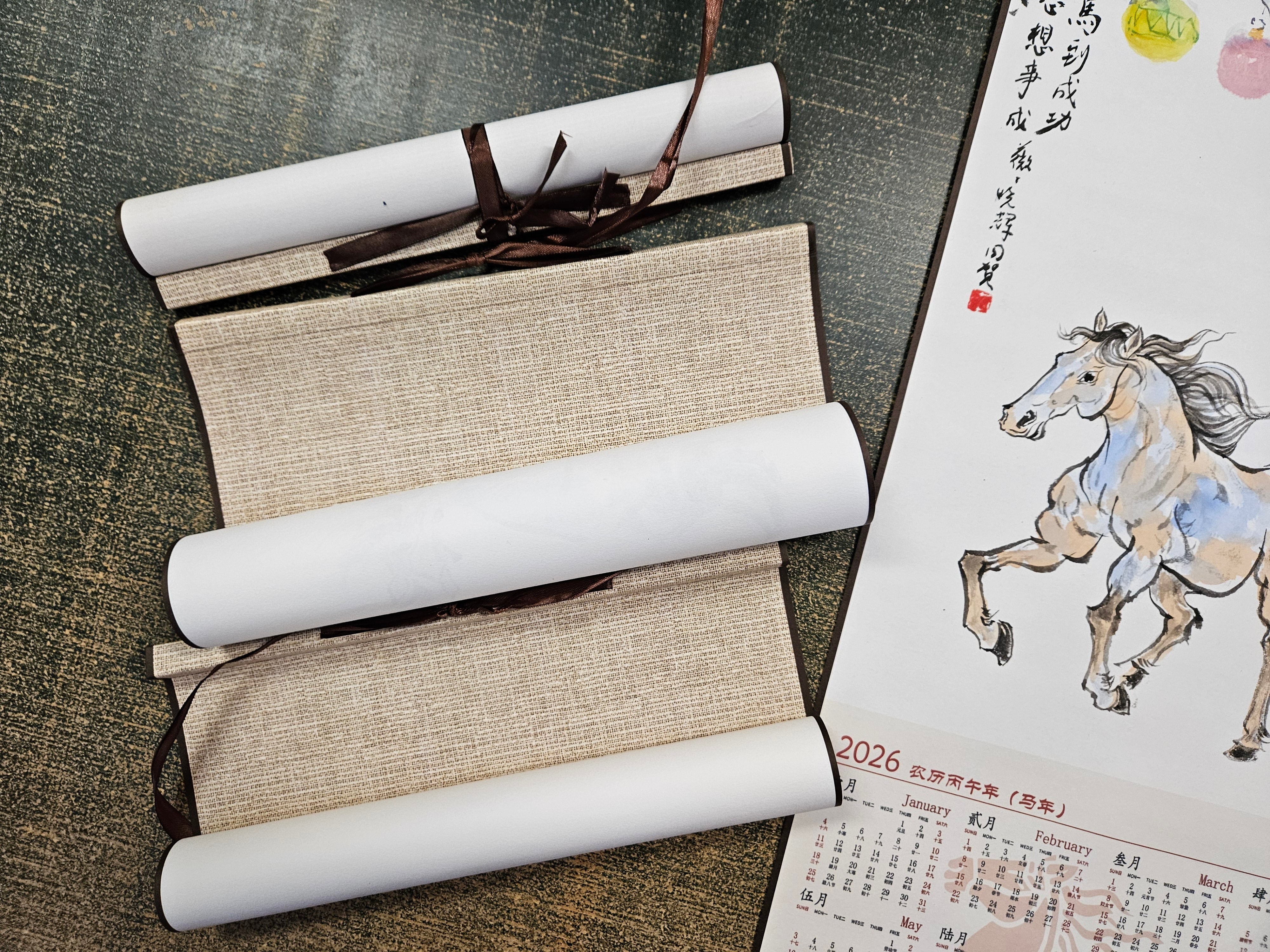 Blank 2026 Calendar Scroll – 18" x 12" Sized Xuan Painting Area – Blue ...